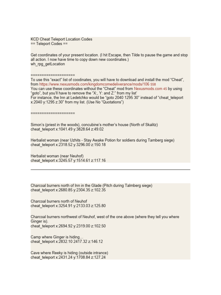 KCD Cheat Teleport Location Codes | PDF | Teaching Methods & Materials