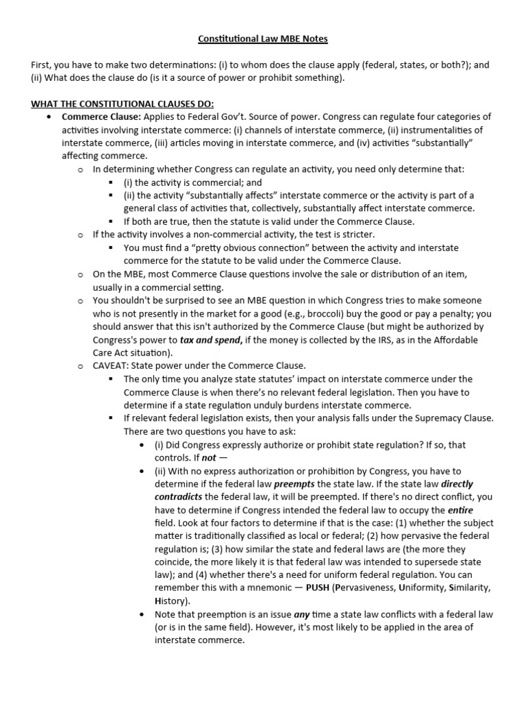 Constitutional Law MBE Notes (From Emanuel) | PDF | Commerce Clause ...