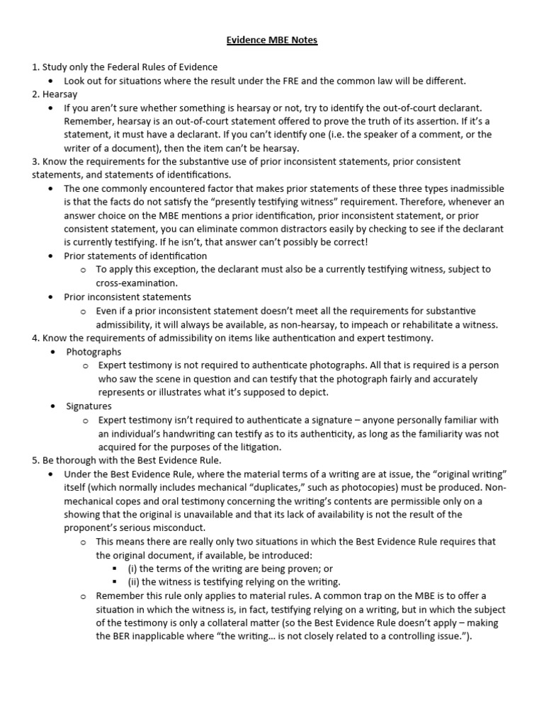 Evidence Law MBE Notes (From Emanuel) | PDF | Hearsay | Testimony
