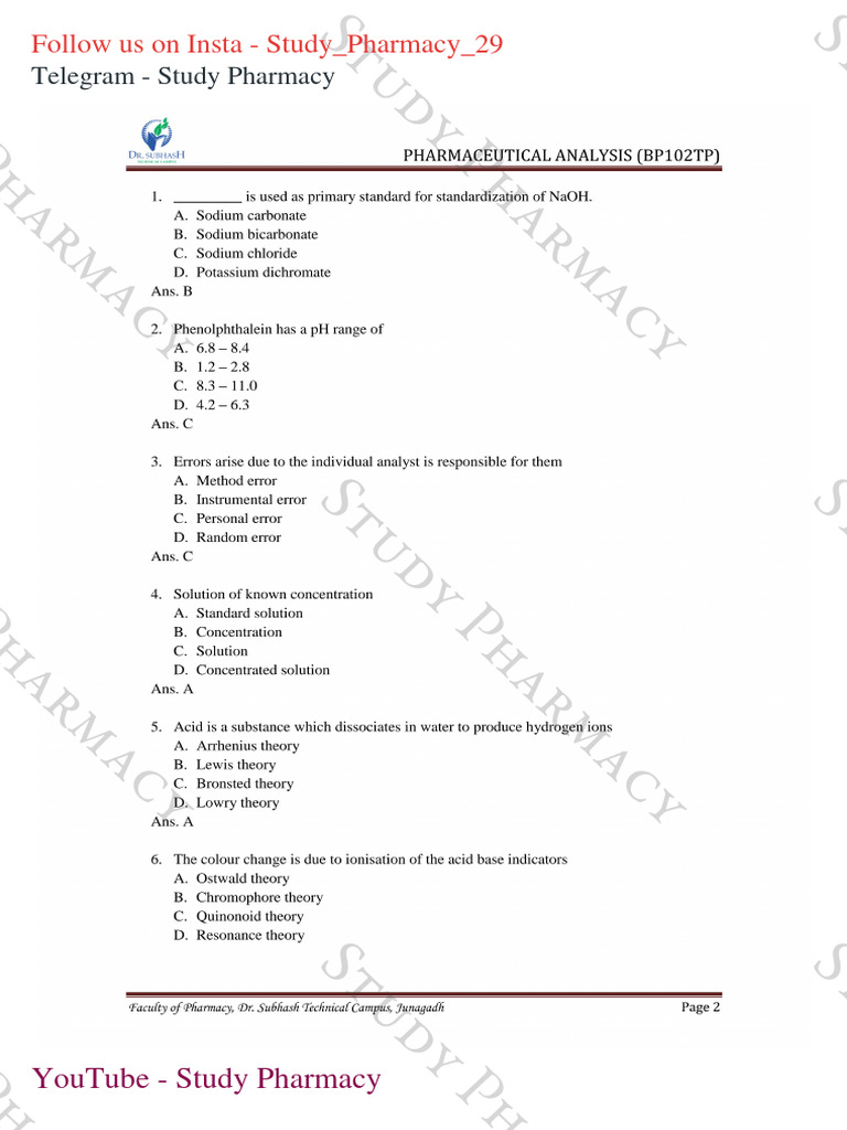 P'ceutical Analysis Mcqs Study Pharmacy | PDF | Acid | Ph