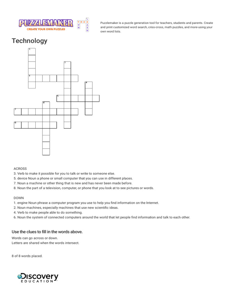 Criss Cross Puzzle - Discovery Education Puzzlema | PDF