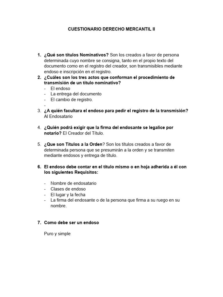 Cuestionario 17 Preguntas Derecho Mercantil II | PDF | Instrumento negociable