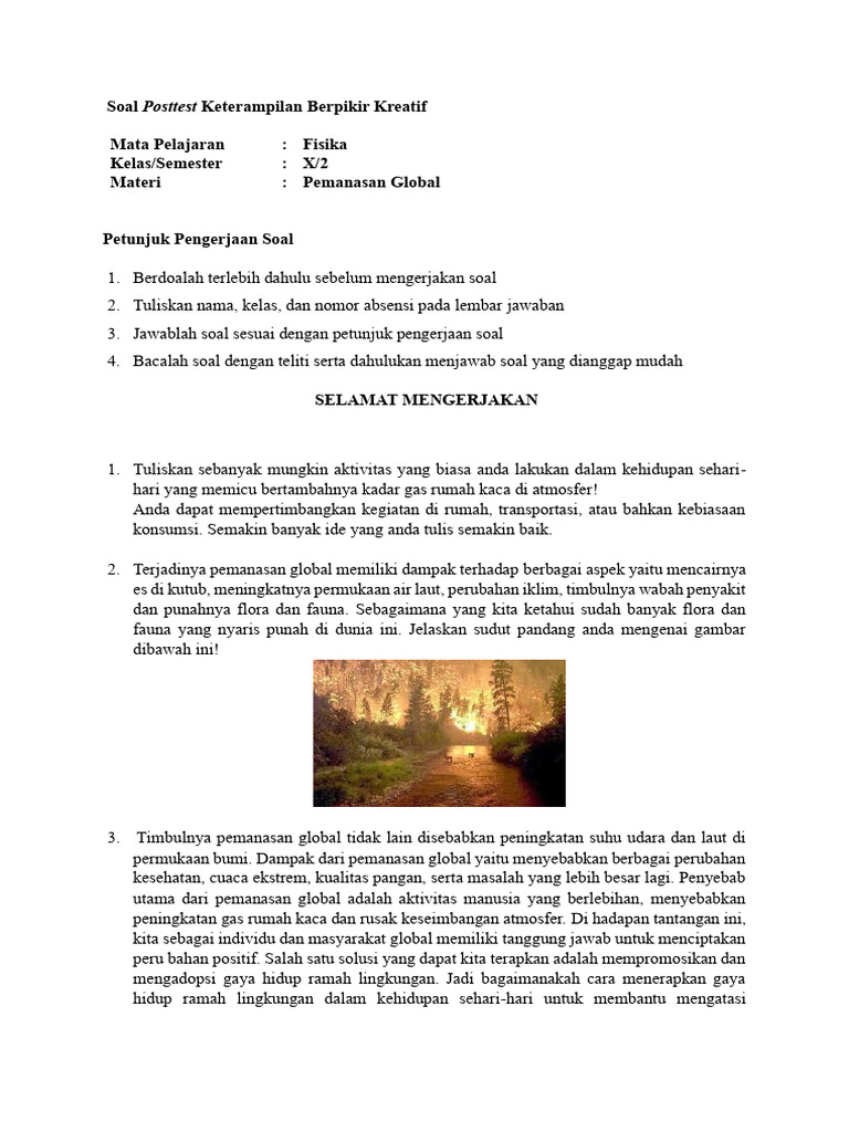 INSTRUMEN SOAL KETERAMPILAN BERPIKIR KREATIF - Prepost | PDF