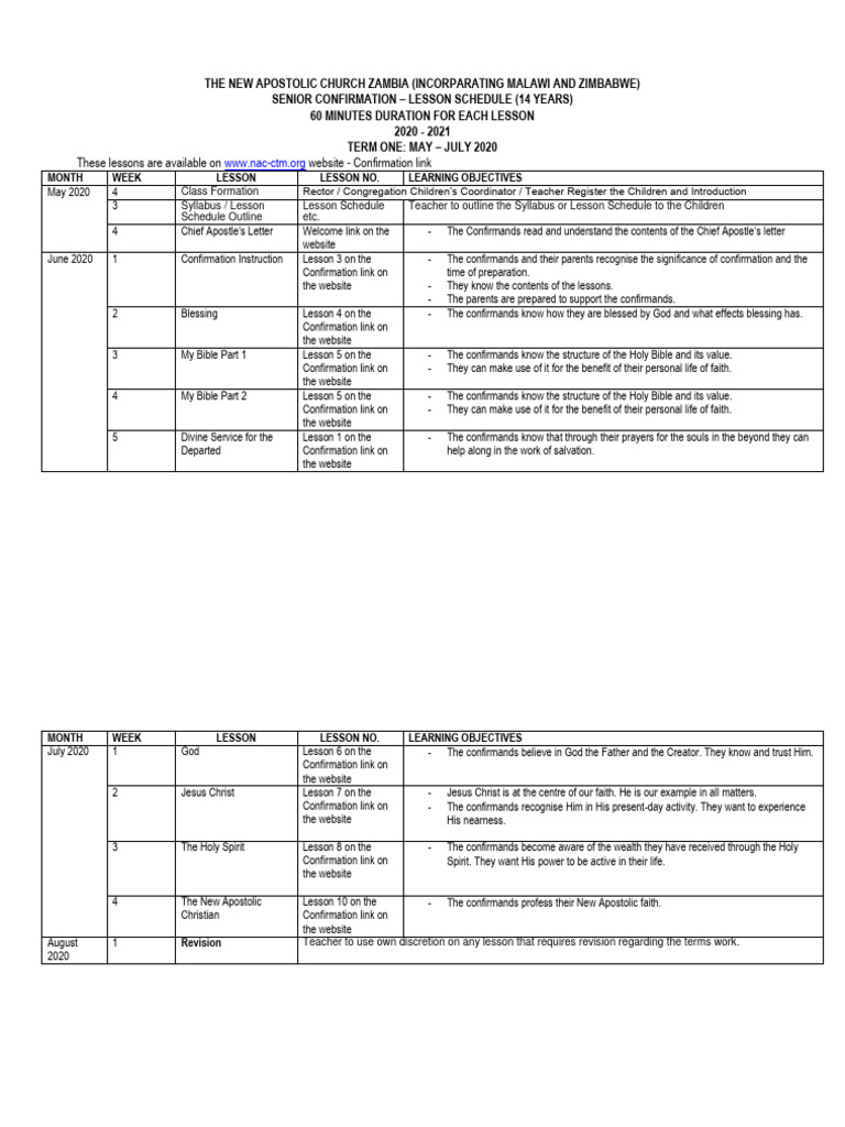 Senior Confirmation Lesson Schedule | PDF | Confirmation | Fruit Of The ...
