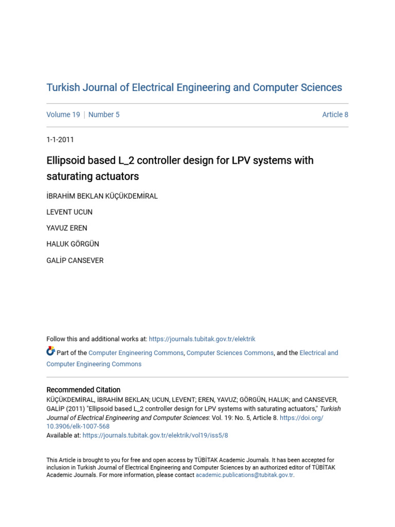 Ellipsoid Based L - 2 Controller Design For LPV Systems With Satura | PDF | Matrix (Mathematics ...