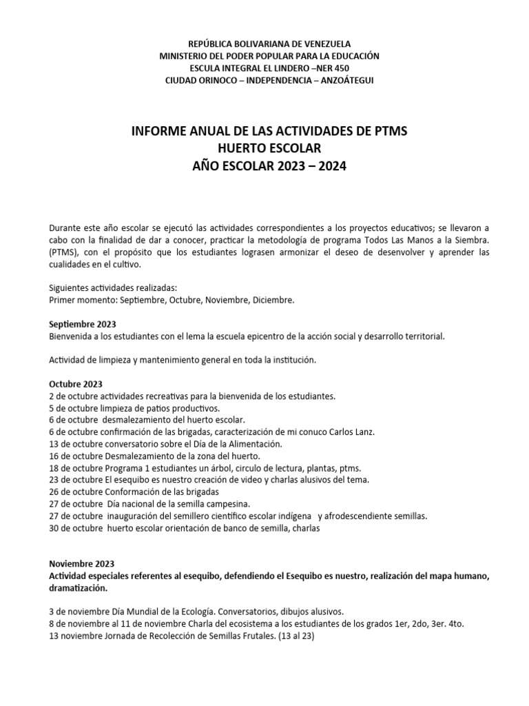 Informe Anual de Ptms 2023 - 2024 | PDF | Huerta | Siembra