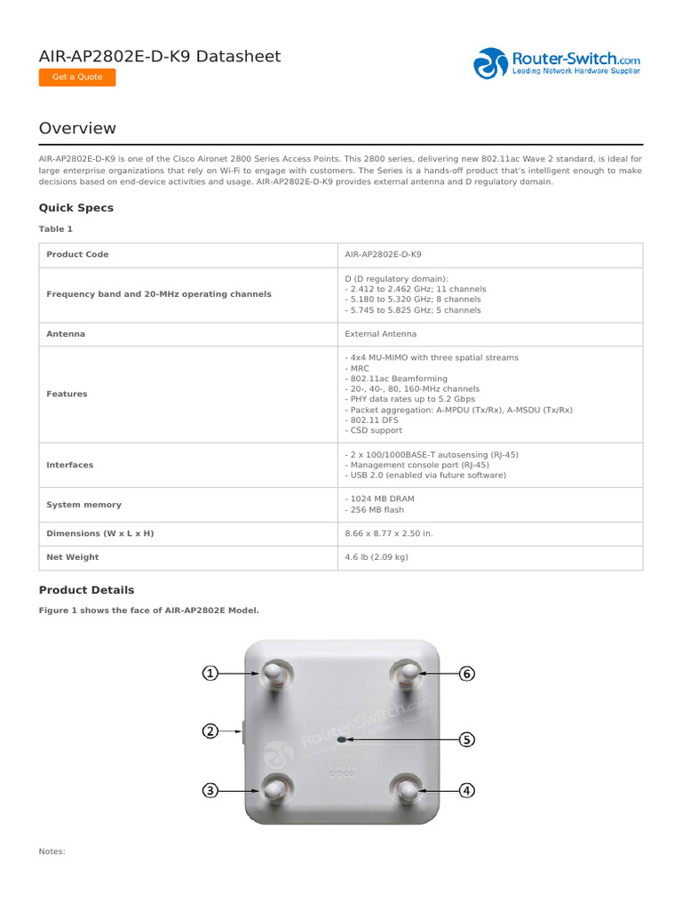 Cisco 2800 Series Access Point Air Ap2802e B k9c | PDF | Ieee 802.11 | Mimo