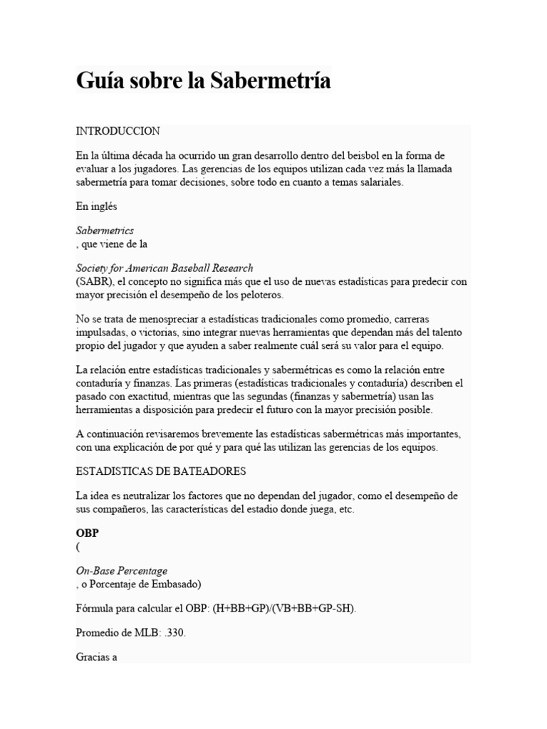 Guía de Sabermetría en el Béisbol | PDF | Lanzador | Juegos de pelota