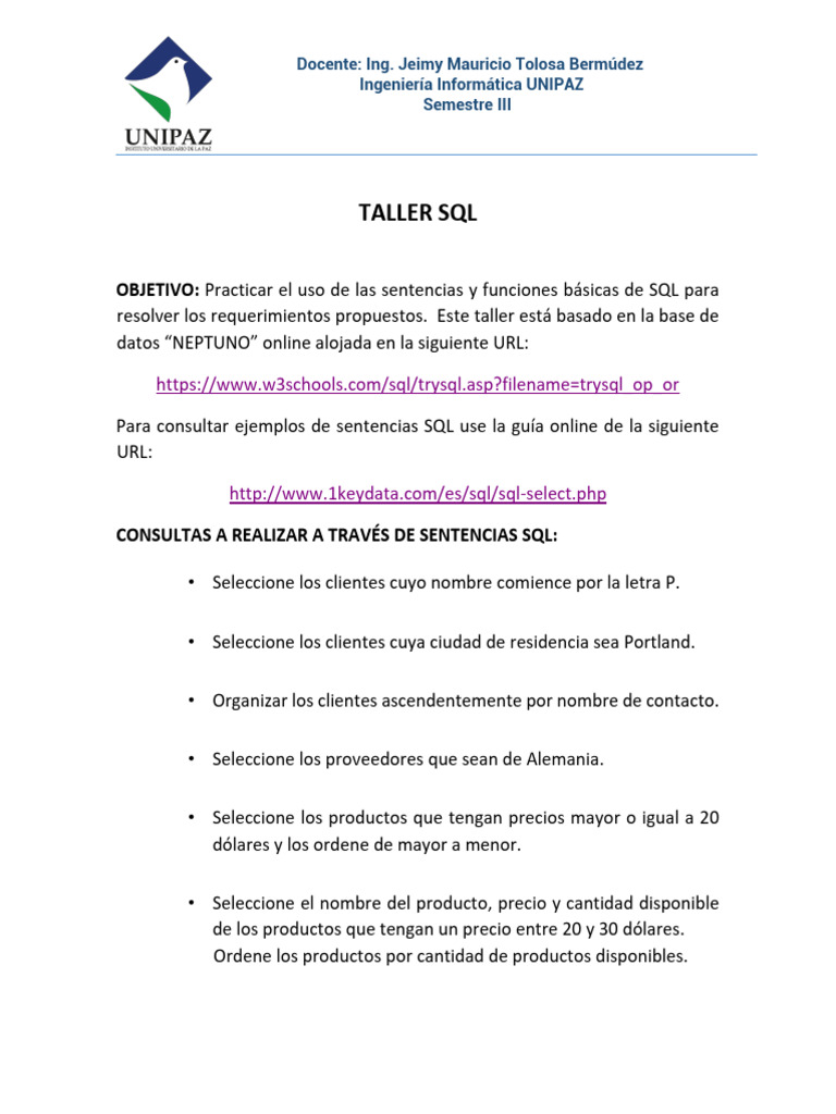 Taller SQL Online | PDF | SQL | Lenguaje de programación
