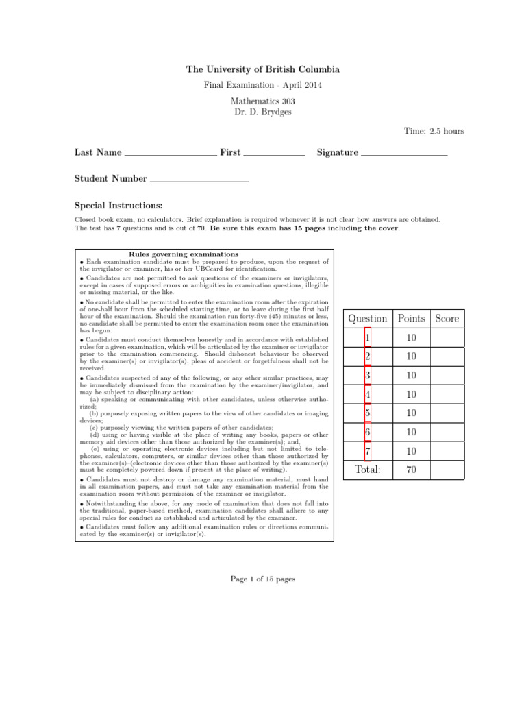 UBC Math 303 April 2014 Exam Guidelines | PDF | Markov Chain ...