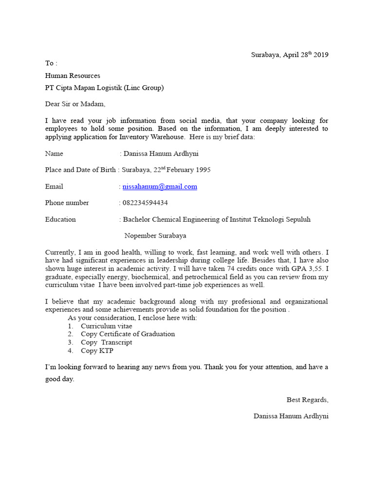 Application Letter Linc Group | PDF