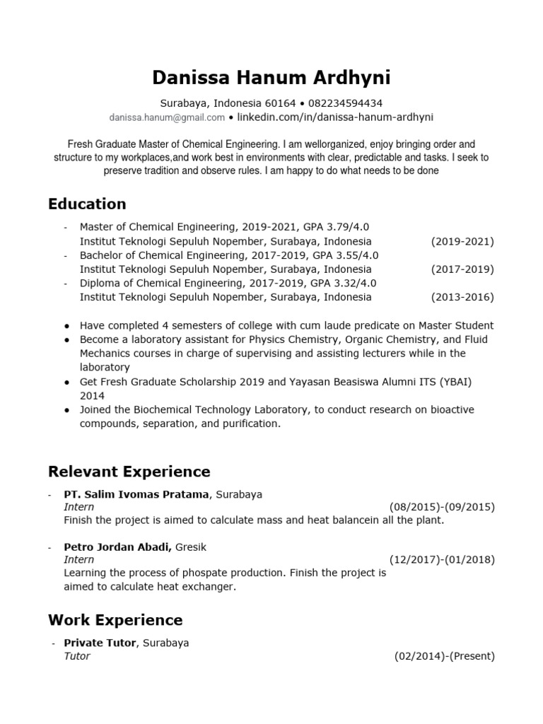 2 CV Danissa Hanum Ardhyni ATS | PDF | Engineering | Physical Sciences