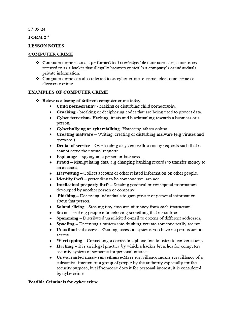 COMPUTER CRIME LESSON NOTES | PDF | Cybercrime | National Security