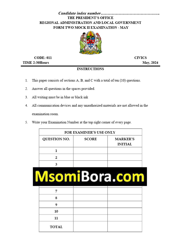 Form Two Civics Mock Exam 2024 | PDF | Social Equality | Justice