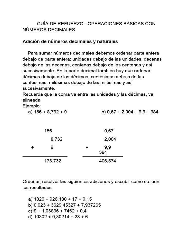 Operaciones Básicas con Números Decimales | PDF | Sustracción ...