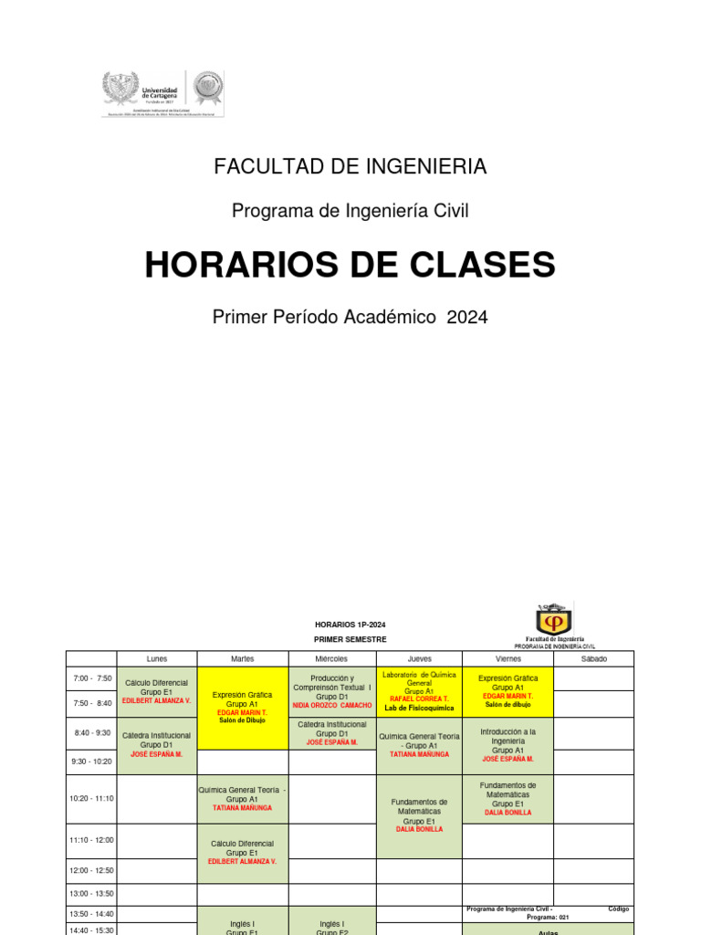 Horarios Ingenieria Civil 2024 - 1p | PDF | Science | Ciencias fisicas