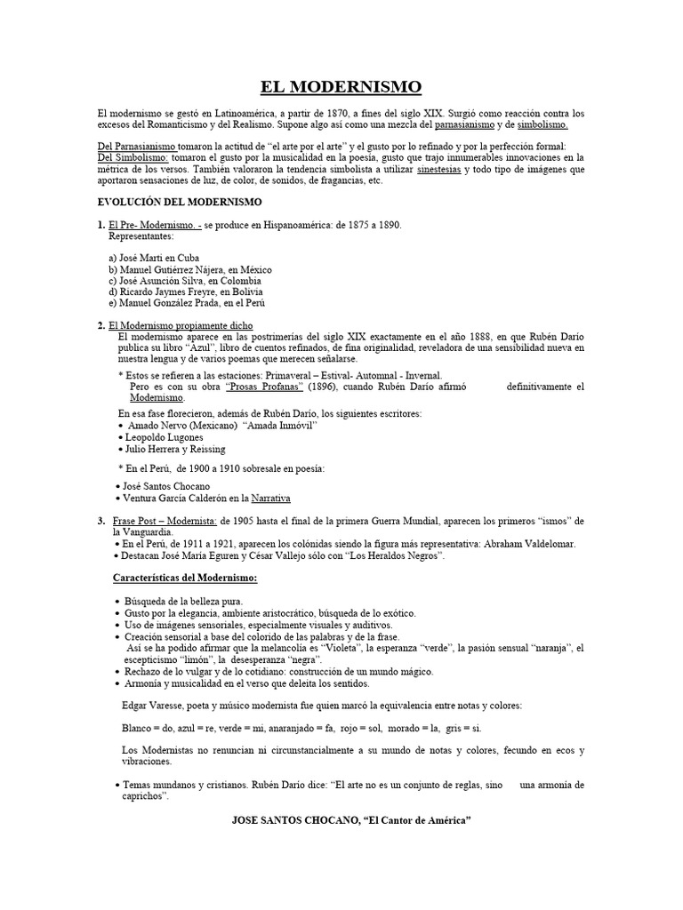 Evolución y características del Modernismo | PDF