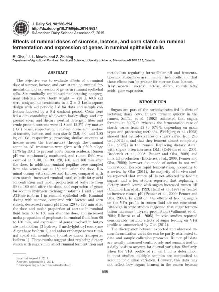 Dairy Science - Effects of Ruminal Doses of Sucrose, Lactose and Corn ...