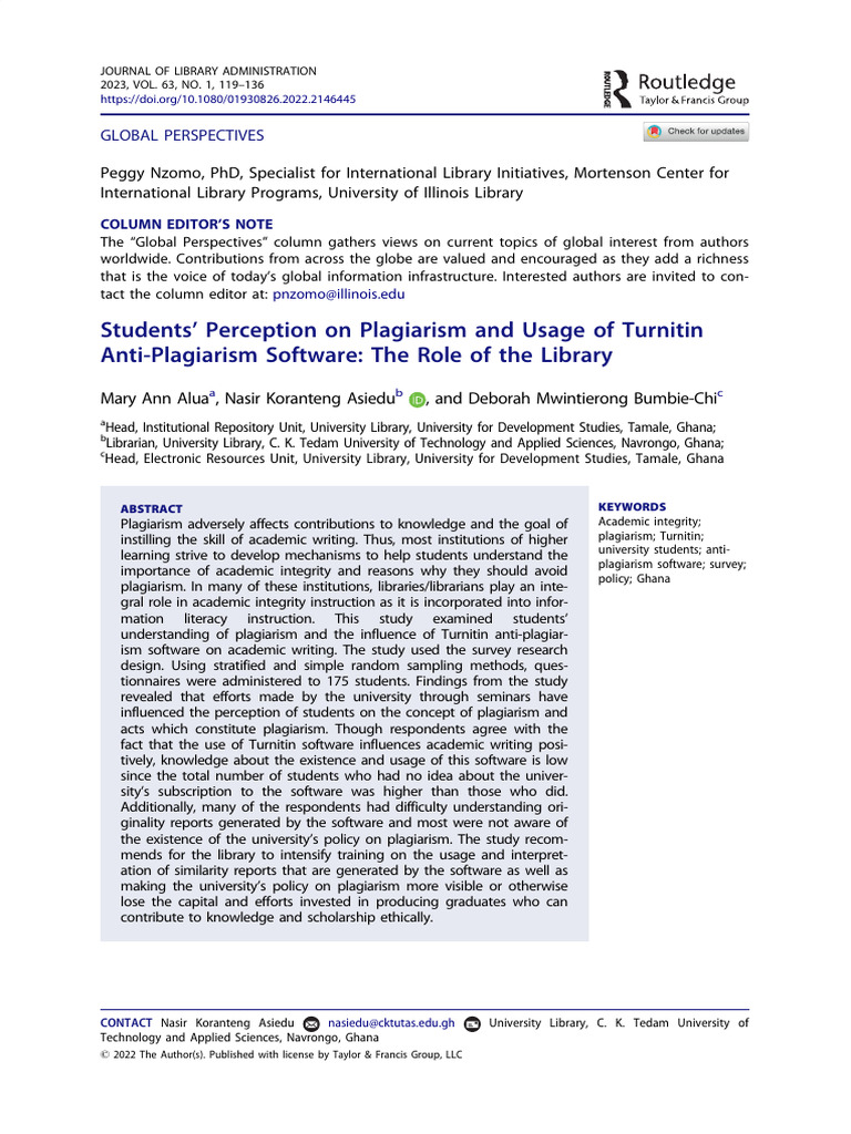 LECTURA MÓDULO 2 Students' Perception on Plagiarism and Usage of Turnitin Anti-Plagiarism ...