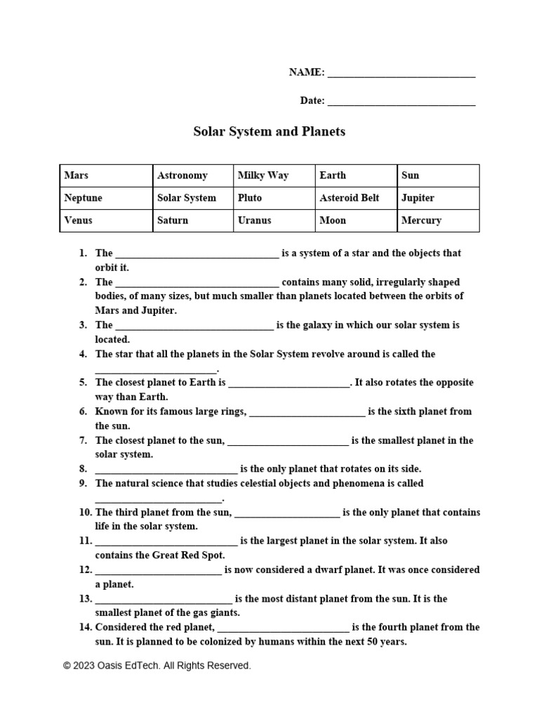 Solar System and Planets Quiz Worksheet-1 | PDF | Planets | Solar System