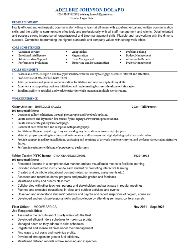 Adelere Johnson CV | PDF | Teachers | Learning