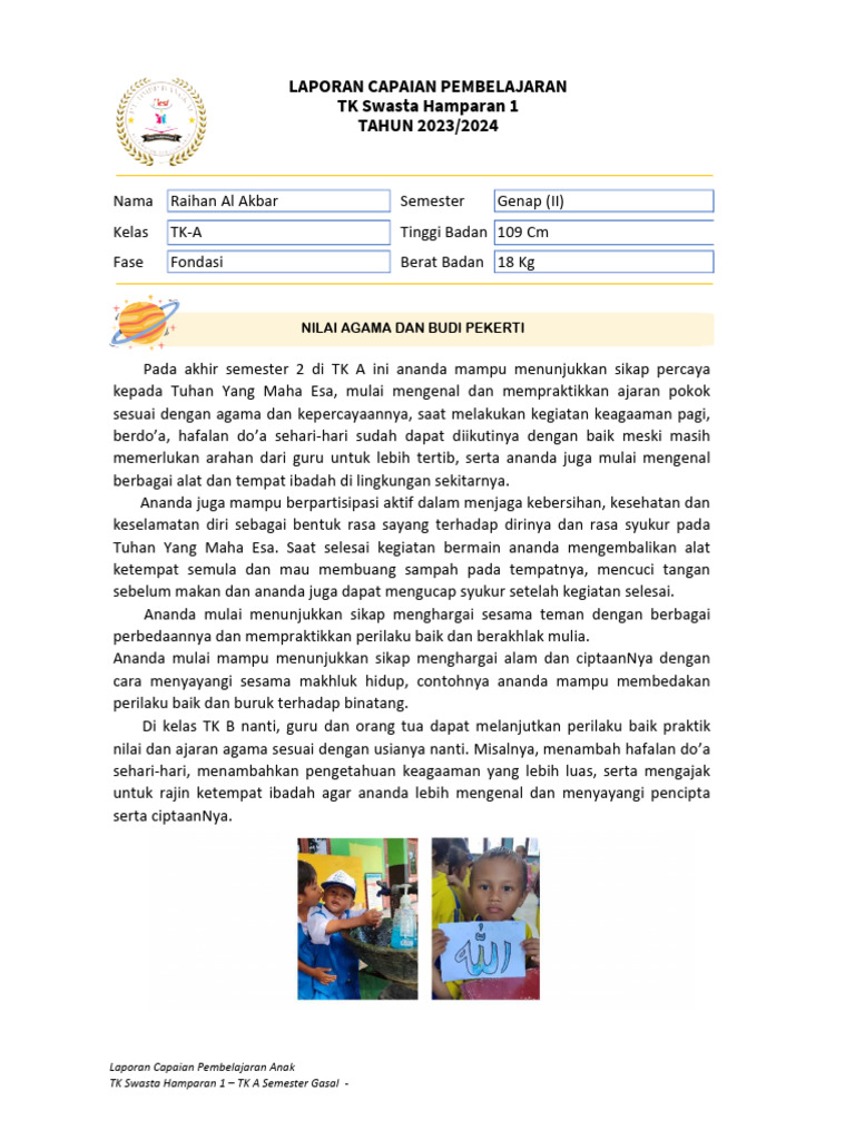 Contoh Raport TK 2 | PDF