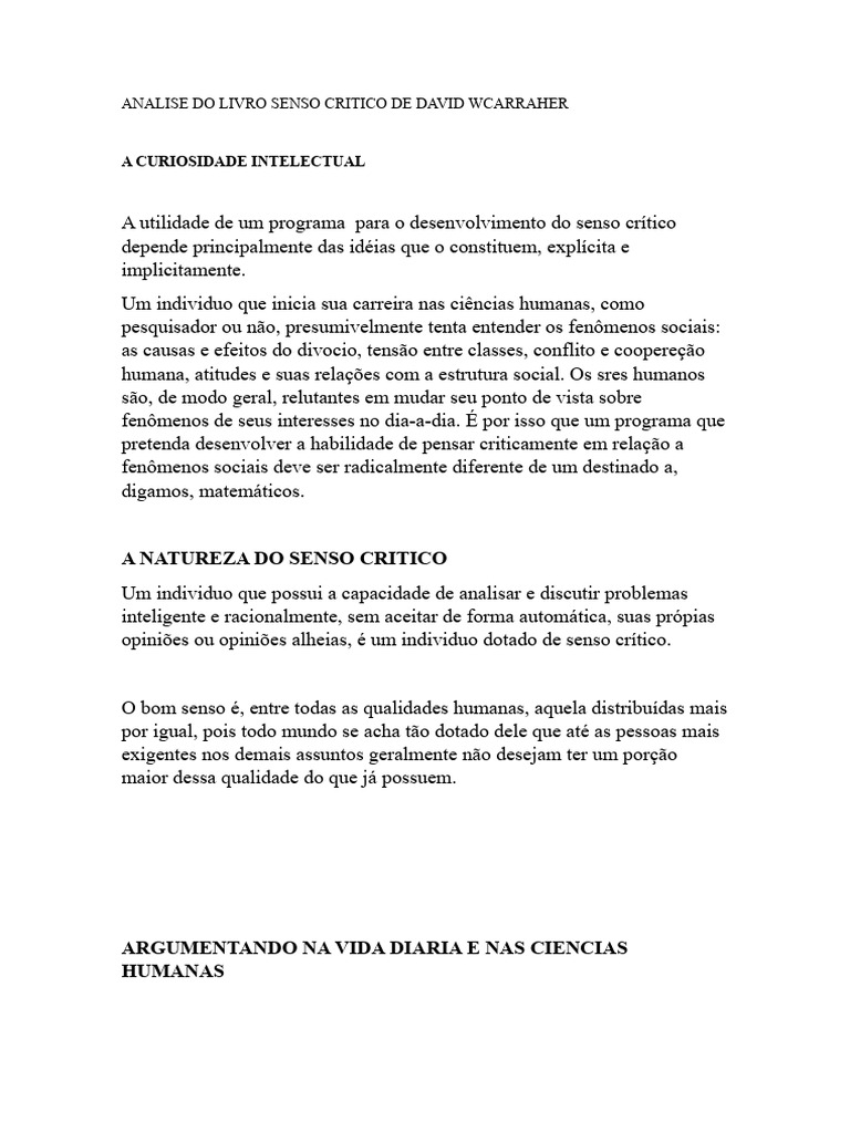Análise do Senso Crítico em Ciências Humanas | PDF | Pensamento crítico ...
