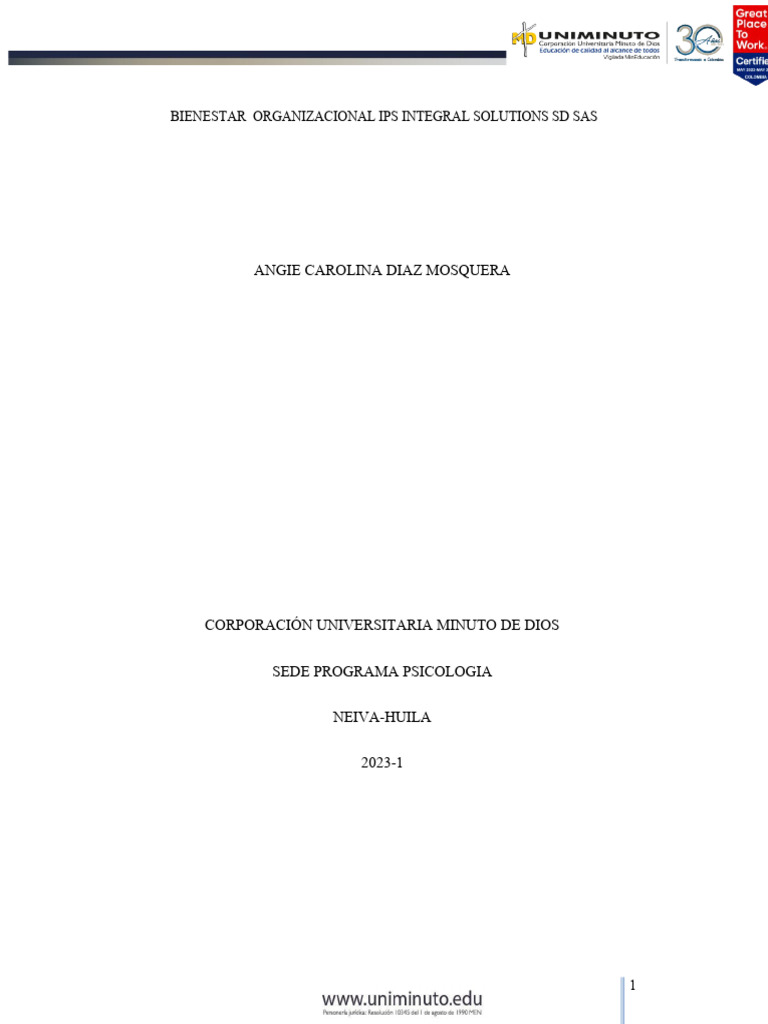 Proyecto Practica Profesional Ii - Bienestar Organizacional Ips Integral Solutions SD Sas | PDF ...