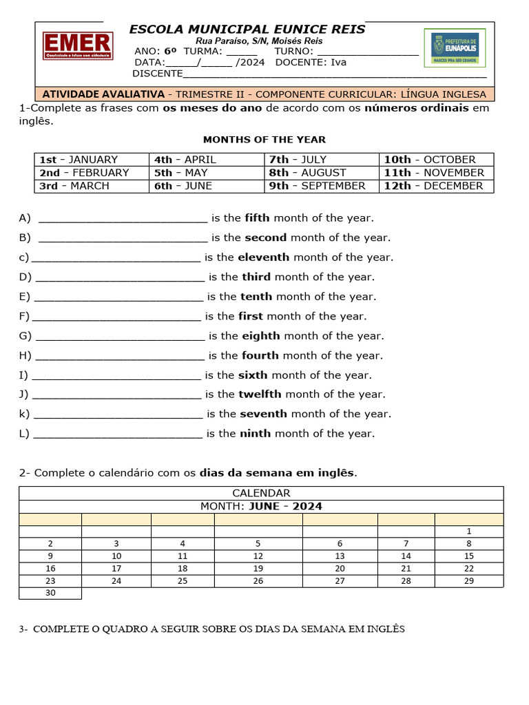 Months and Days in English Activities | PDF