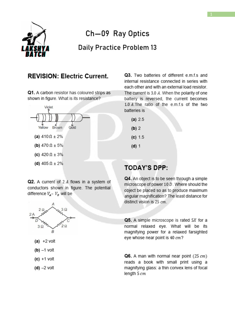 Ch-09 Ray Optics: Daily Practice Problem 13 | PDF | Equipment | Optical Devices