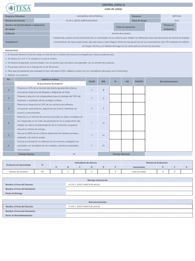 LISTA-DE-COTEJO - Avance de Proyecto - CONTROL - Tema-3 - JULIO-DICIEMBRE-2024 - 7H21 | PDF