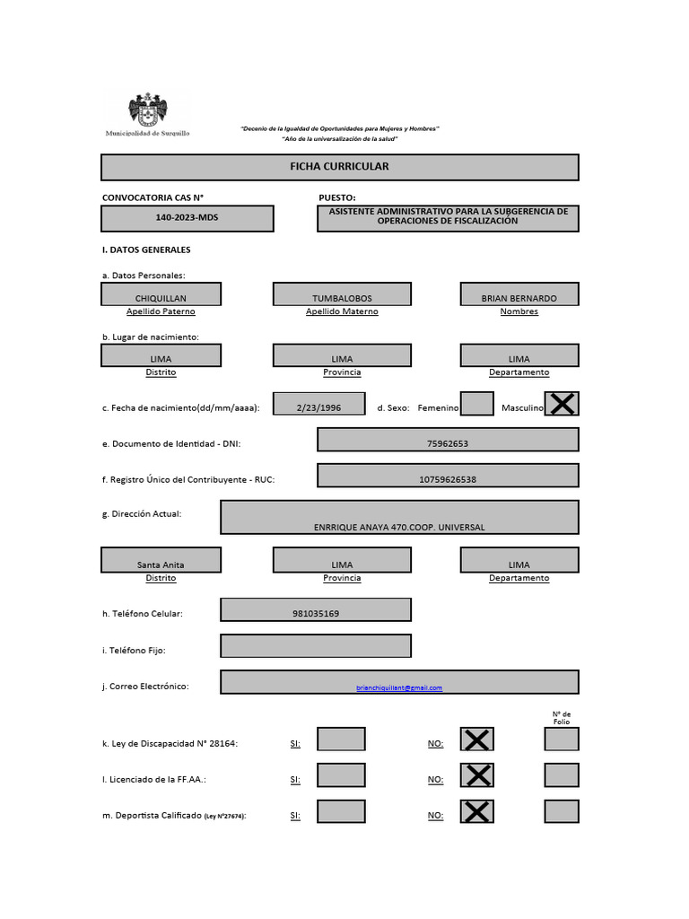 Ficha Curricular Cas 2023 | PDF | Documento de identidad