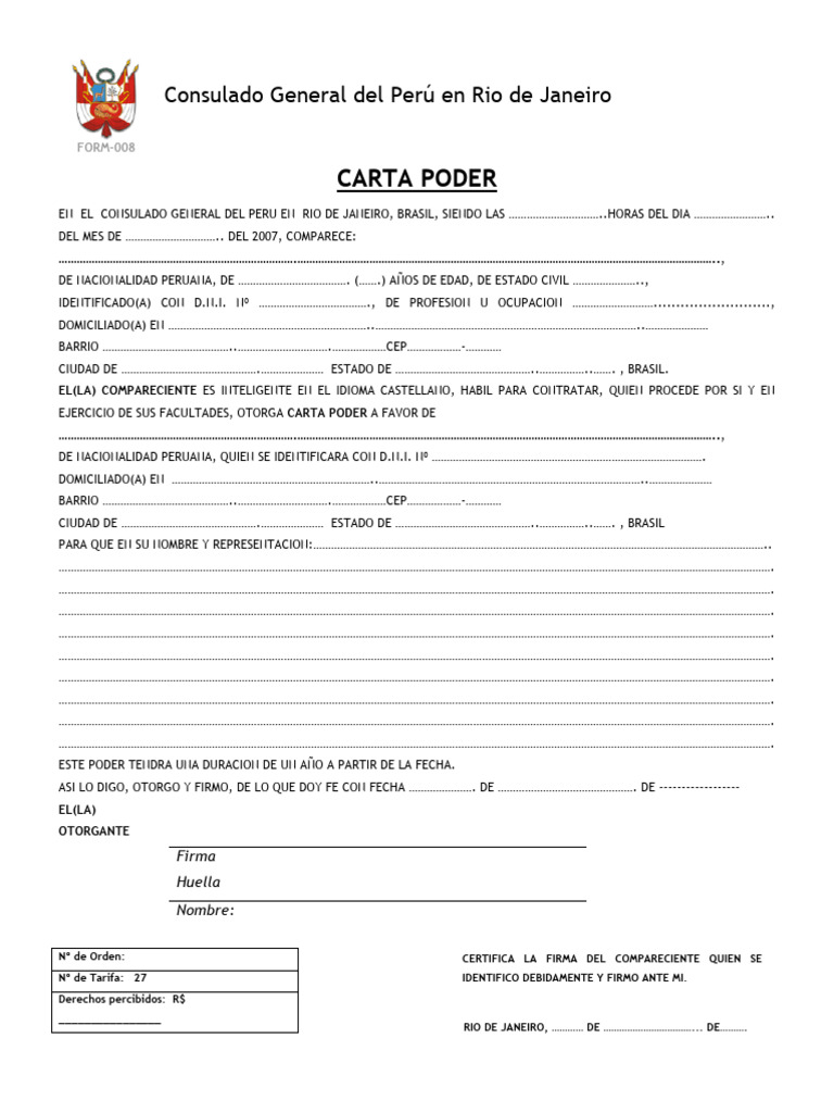 Carta Poder Consulado Perú Río Janeiro Pdf