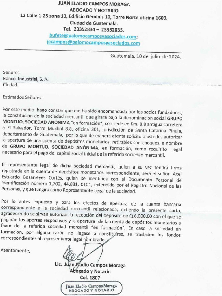 Carta Apertura Provisional de Cuenta Banaria G y T | PDF