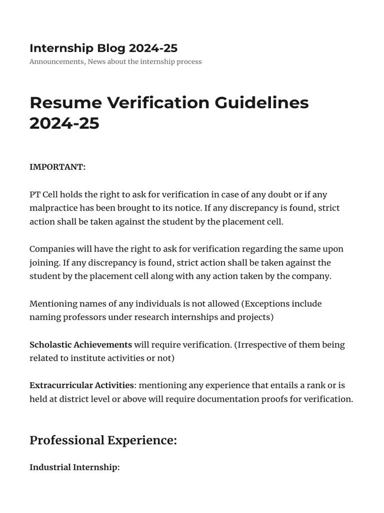 Resume Verification Guidelines 2024-25 - Internsh | PDF