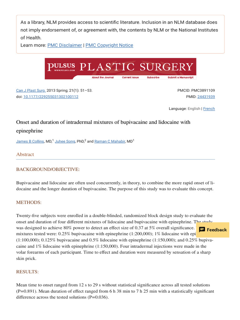 Onset and Duration of Intradermal Mixtures of Bupivacaine and Lidocaine ...