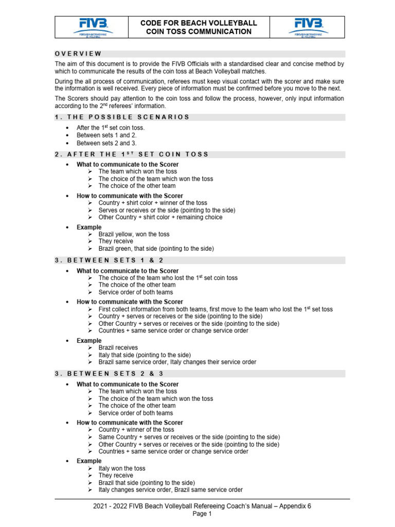 Coin Toss Protocol for Beach Volleyball | PDF | Volleyball