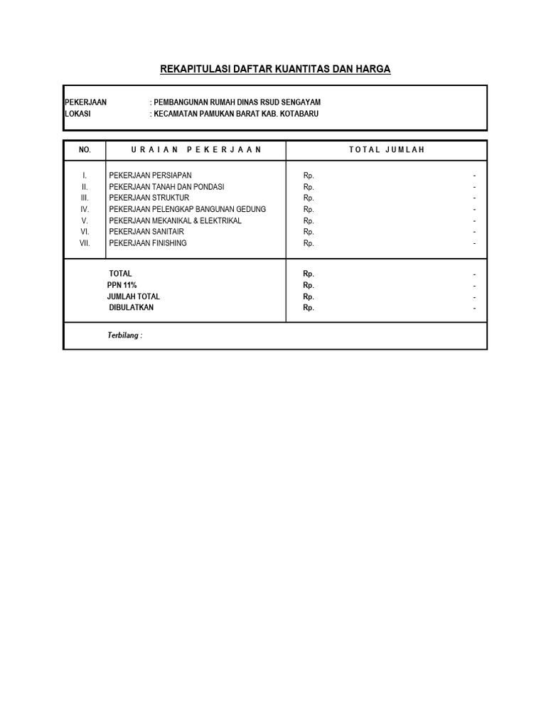 BoQ - Rumah Dinas RSUD Sengayam | PDF