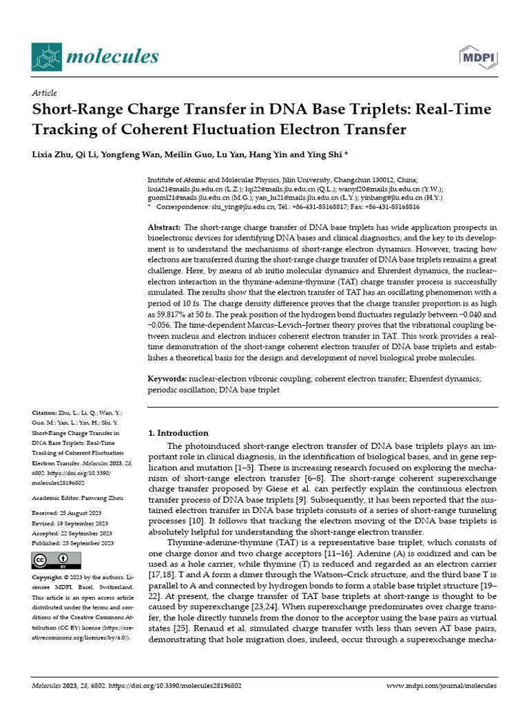 Short-Range Charge Transfer in DNA Base Triplets R | PDF | Chemical ...