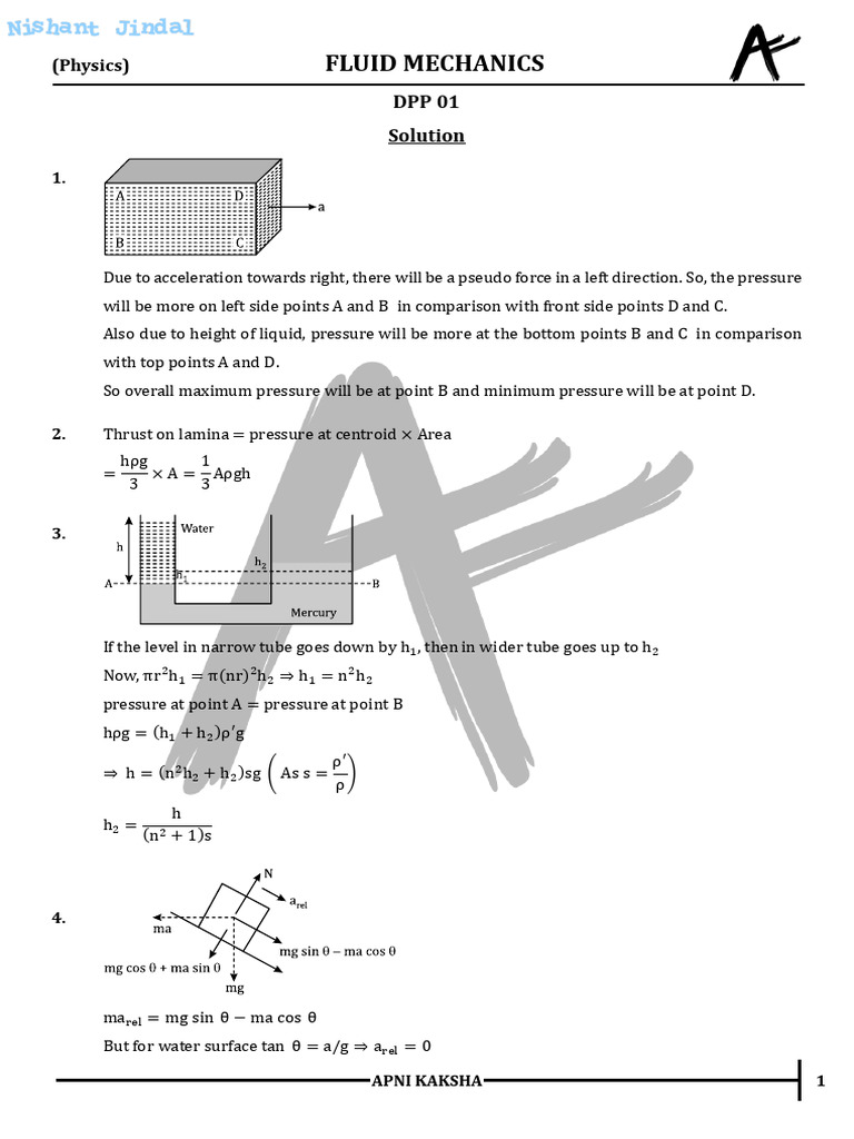 DPP - 01 (Solution) - Fluid NJ - 247 | PDF | Pressure | Mechanics
