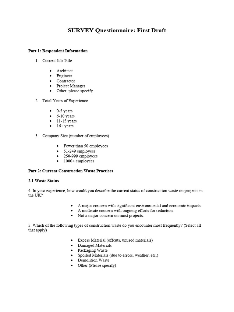 SURVEY Questionnaire Draft 1 | Download Free PDF | Building Information ...