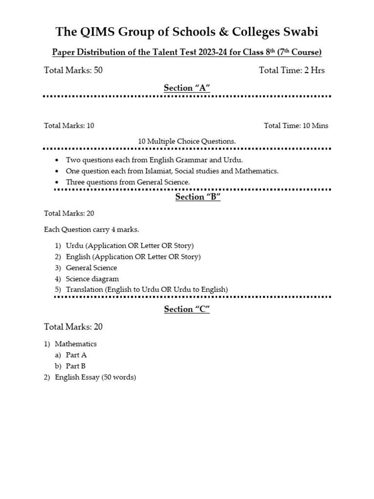Talent Test Paper for Class 8 - QIMS 2023 | PDF