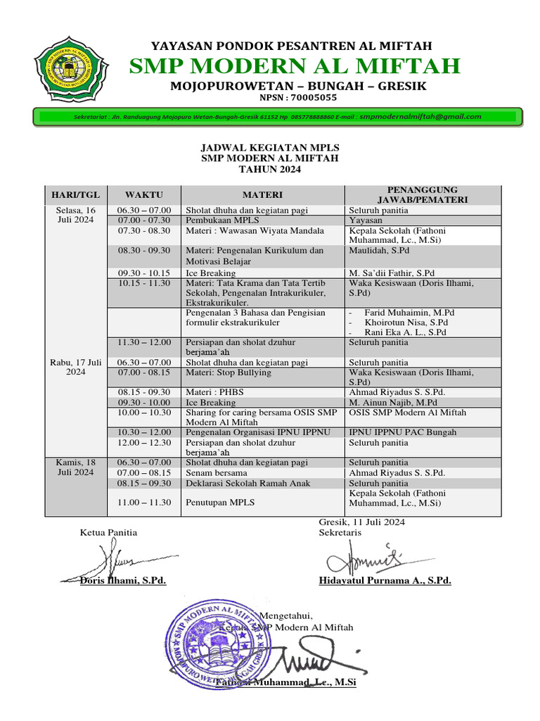 Jadwal Kegiatan MPLS 2024 | PDF