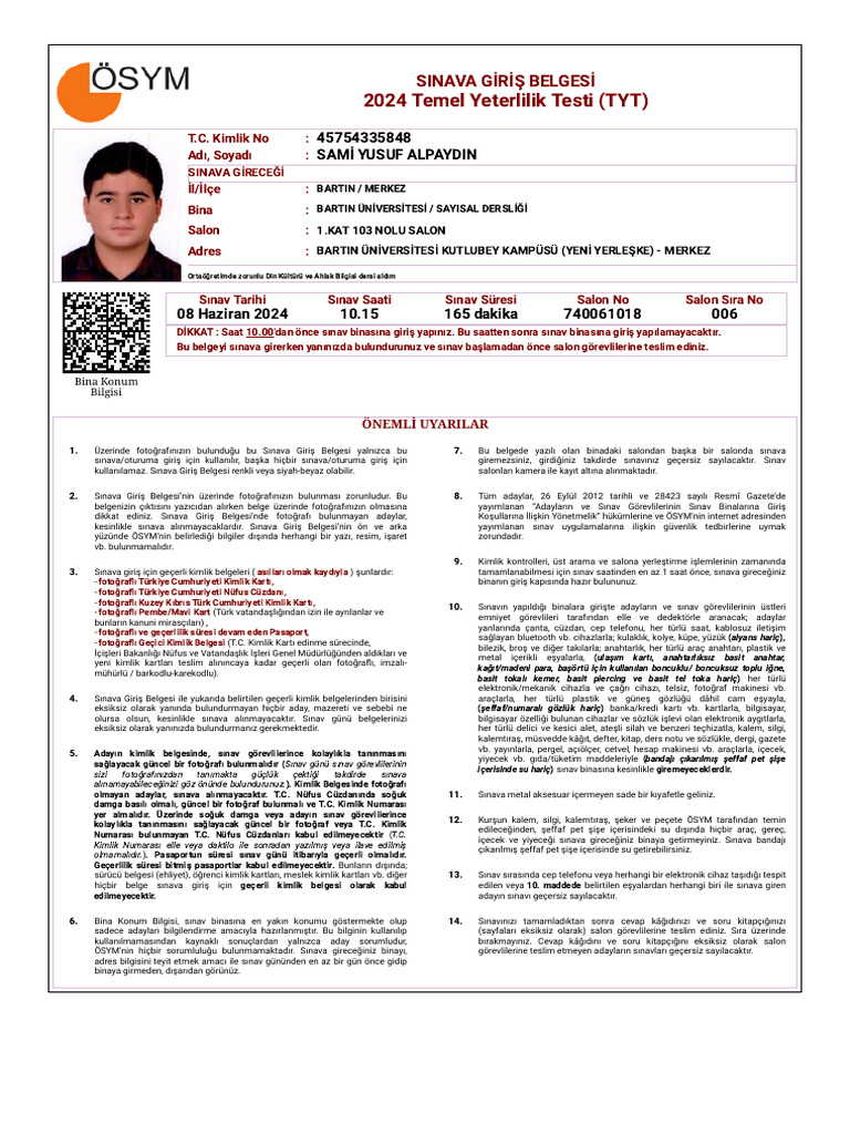 Sınava Giriş Belgesi TYT | PDF