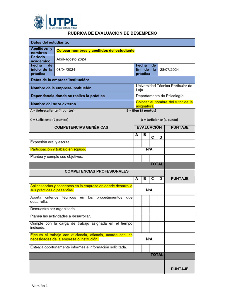 R Brica de Evaluaci N de Desempeo - OBS DIAG A-A 2024 - 427165328 | PDF | Escuelas psicologicas ...