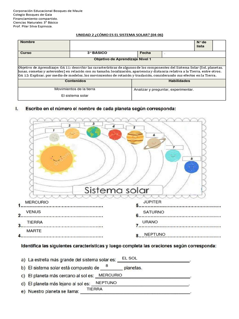 CORRECCIÓN Guía Sistema Solar 04 - 06. | PDF | Sistema solar | Planetas