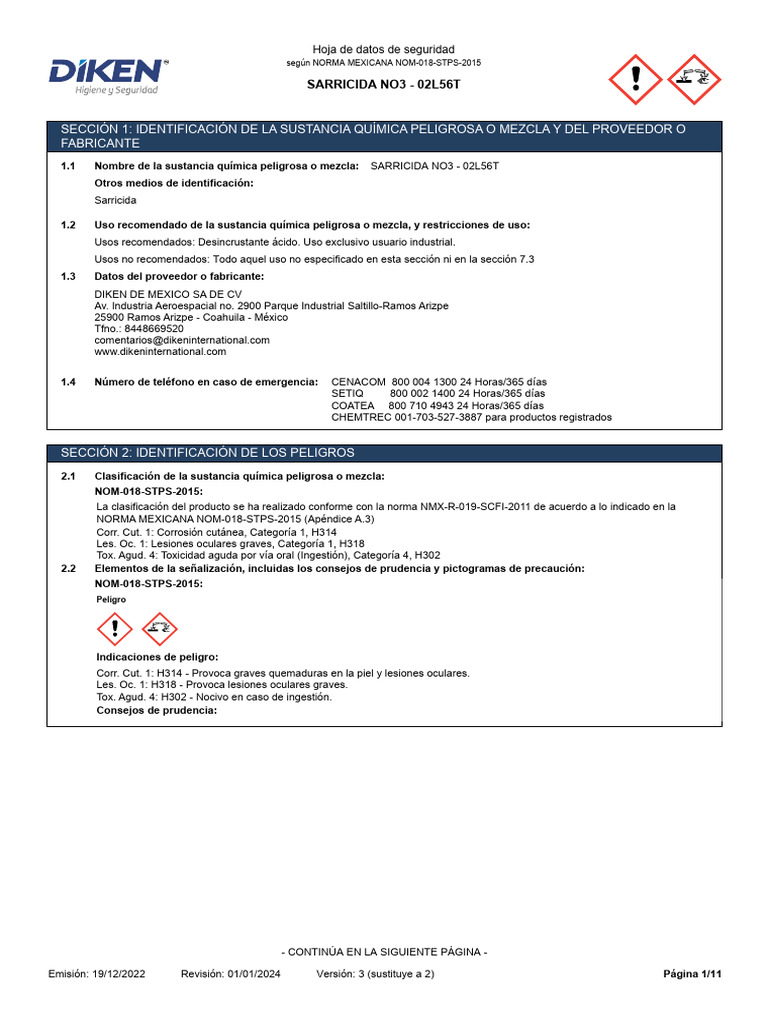 Hoja de Seguridad Sarricida NO3 | PDF | Residuos | Química