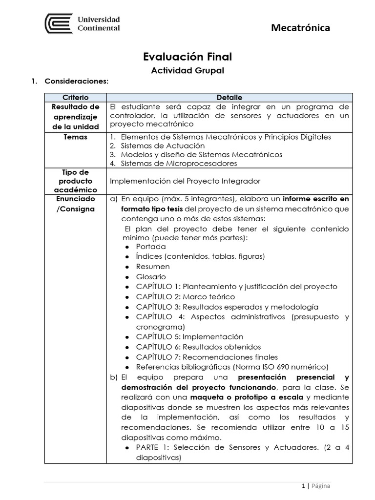 Tarea_Proyecto - Evaluación Final | Descargar gratis PDF | Evaluación | Mecatrónica