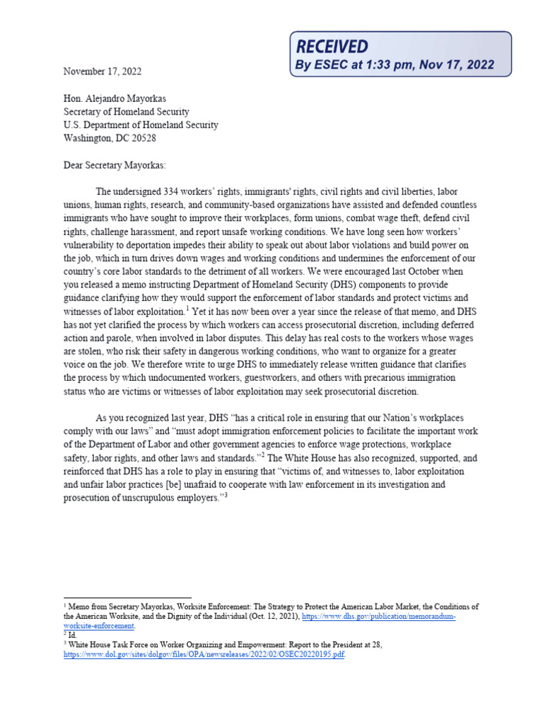 2022 Letter From 334 Organizations To DHS Secretary Mayorkas | PDF ...