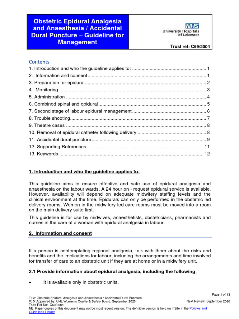 Epidural Analgesia and Anaesthesia UHL Obstetric Guideline | PDF ...